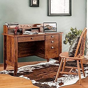 Tangkula Computer Desk with 4 Storage Drawers & Hutch, 48" Home Office Desk Vintage Desk with Storage File Drawer & Cable Management Hole, Wooden Executive Desk Writing Study Desk