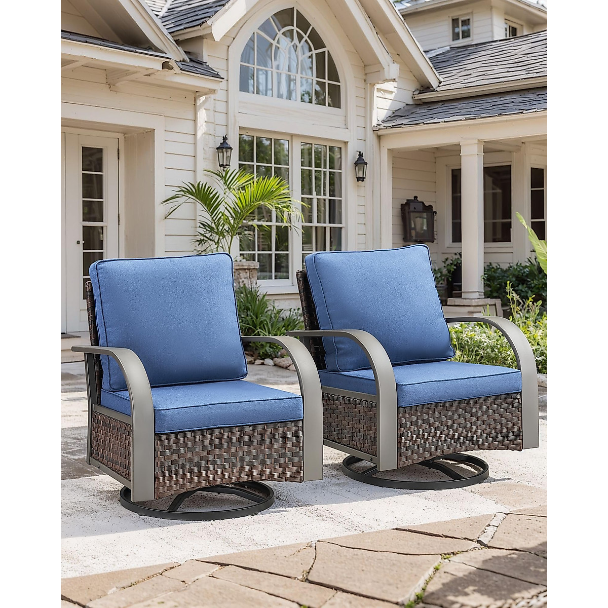 HUMMUH Patio Swivel Glider Outdoor Chair-All Weather Rattan Wicker Patio Swivel Rocking Chairs Porch Chair for Deck Porch Lawn Garden Backyard-Brown/Blue