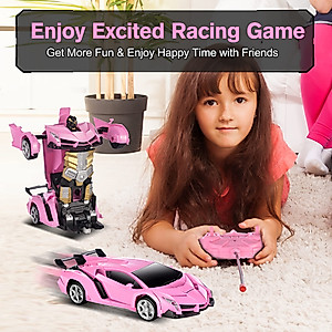 JOYOFUN Remote Control Car Hobby RC Transformer Cars Robot Toy High Speed Transforming 2.4Ghz 1:18 Scale 360° Rotating Drift for Girl Kid Teen Boy - Pink