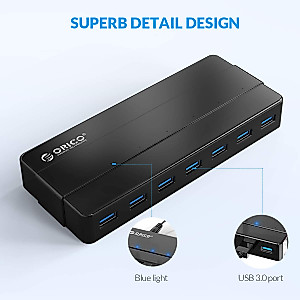 Powered 7-Port USB 3.0 Hub, ORICO USB Data Hub with 12V Power Adapter, Multi USB 3.0 Splitter with 3.3 Ft Long USB Cable for PC, Laptop, Keyboard, Mouse, HDDs and More-Black