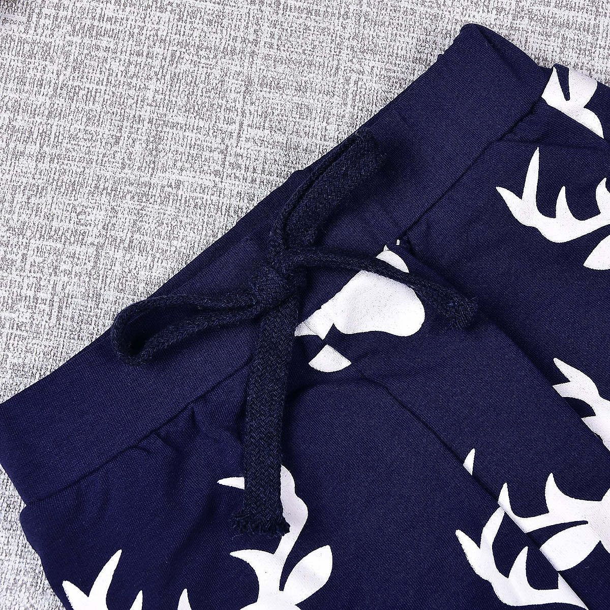 2PCs Baby Deer Print Hoodies with Pocket Top + Striped Long Pants Autumn Outfit Set (6-12M(Tag80), Grey&Dark Blue)