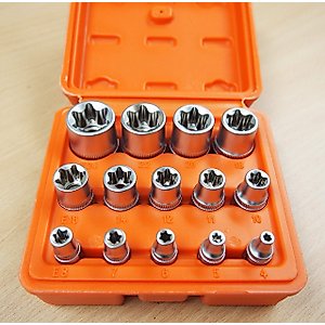 HOTECHE 14 PC E Torx Star Female Bit Socket Set 1/2"/3/8"/1/4" Drive E4 -E24