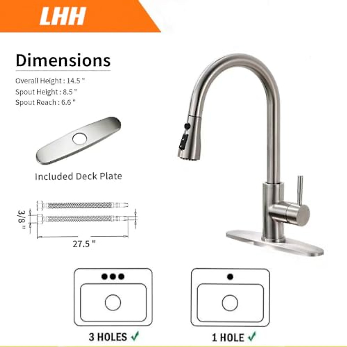 Stainless Steel Single Handle Spring Kitchen Sink Faucets with Sprayer,Contemporary Kitchen Faucet with Pull Down Sprayer, with Deck Plate (Brushed Nickel)