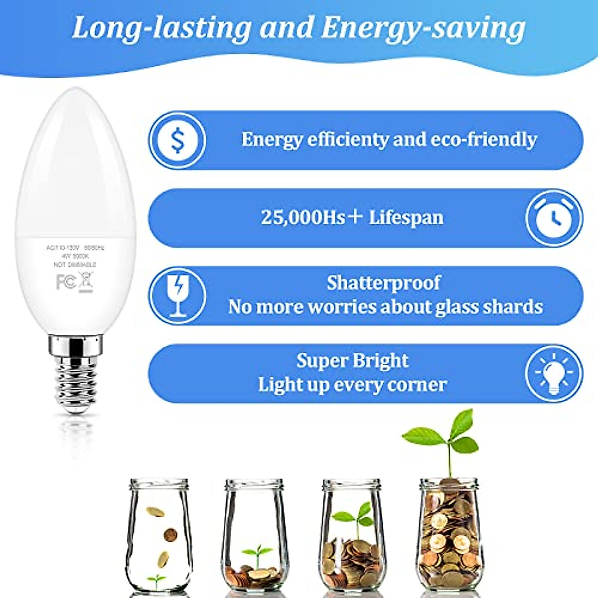 Brightever Candelabra 40W Equivalent LED Light Bulbs, 4W Candle Light Bulbs with Small E12 Base, Daylight White 5000K Ceiling Fan Lightbulbs, Type B Bulb for Wall Sconces, Non-Dimmable, Pack of 6