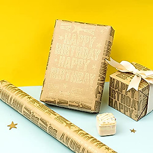 RUSPEPA Kraft Wrapping Paper Roll - Gold Happy Birthday Pattern Great for Birthday, Party, Baby Shower - 17.5 Inches X 32.8 Feet