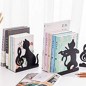 Cute Animal Metal Cat Book Ends Novelty Black Music Cat Play Bookends Decorative for Shelves Iron Cat Book Stand Anti-Slip Heavy Duty Desktop Organizer Book Shelf Holder for Library School Office Home