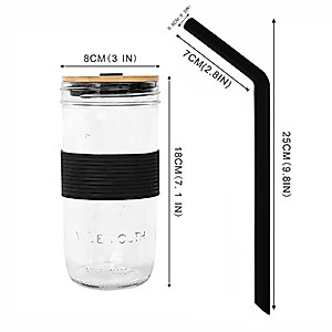 Mason Jar with Lid and Straw, 24oz Wide Mouth Mason Jar Drinking Glasses Tumbler Silicone Straw Bamboo Lid Silicone Sleeve, Reusable Boba Cups Travel Bottle for Iced Coffee Large Pearl Juice, Black