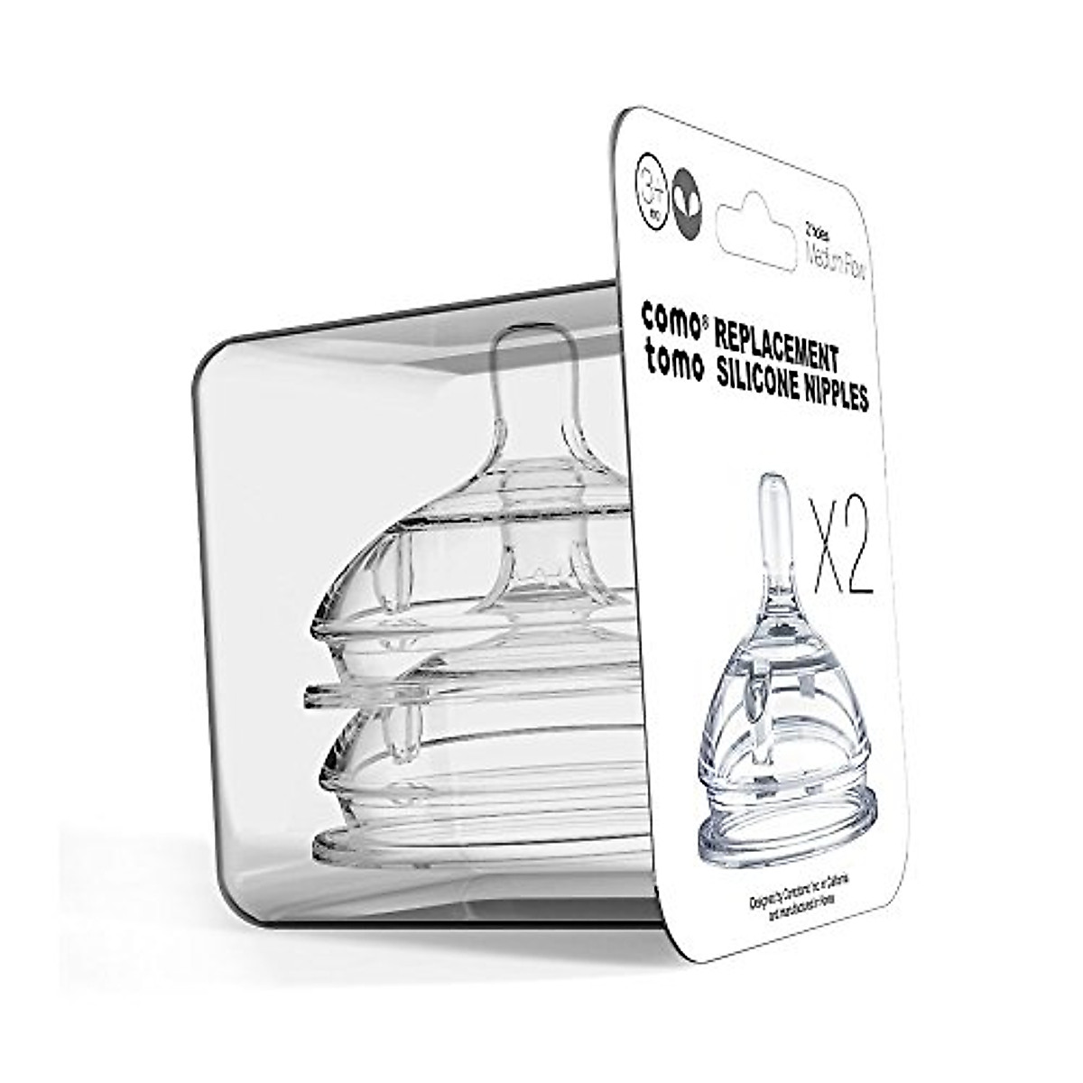 COMOTOMO, 2 Pack Silicone Replacement Nipple, Clear, 3-6 Months, New 