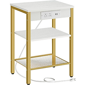 HOOBRO End Table with Charging Station and USB Ports, 3-Tier Nightstand with Adjustable Shelves, Small Side Table for Small Space in Living Room, Bedroom and Balcony, White and Gold DW112BZ01G1