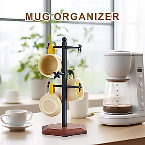 Coffee Mug Holder, Wooden Base Mug Tree for Counter, Unbreakable Metal Coffee Cup Holder with 6 Hooks, Non-Slip Coffee Mug Rack for Home Storage and Organizer, Coffee Mug Rack (Black)