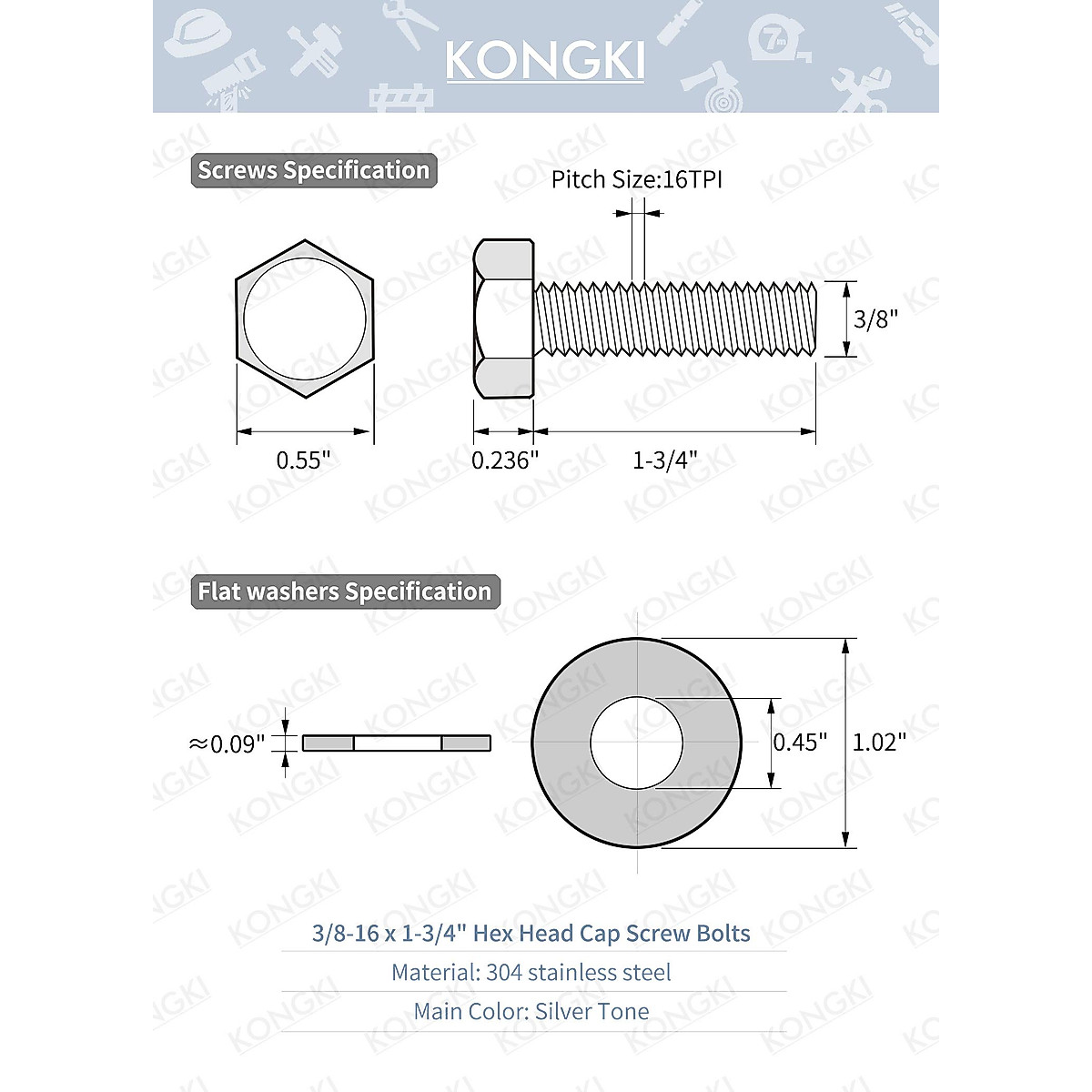 (6 Sets) 3/8-16x1-3/4" Stainless Steel Hex Head Screws Bolts, Nuts, Flat & Lock Washers Kits, 304 Stainless Steel 18-8, Fully Machine Thread, Flat Washers Diameter 1.02"