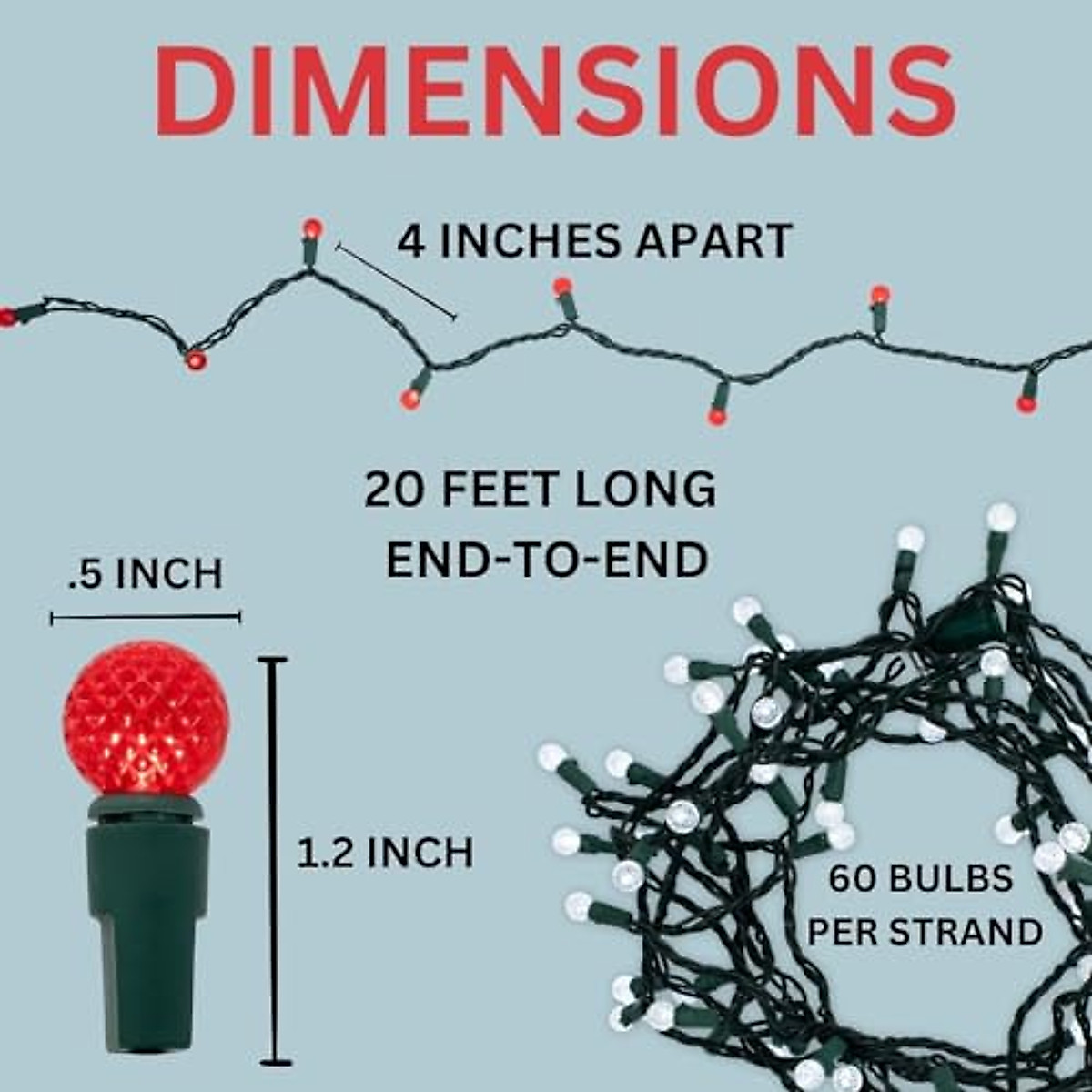 LED Christmas Tree Lights 60 Count, G12 Globe Indoor Outdoor String Lights, 20ft Green Wire Mini Ball, UL Certified (Red)