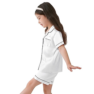SWOMOG Satin Pajamas for Girls Boys Baby Button-Down Pjs Sets Two-Piece Lounge Sets Classic Silk Sleepwear White