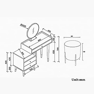 LEONYS Vanity Makeup Set with 3 Drawers, Dressing Table with Mirror and Cushioned Stool, Makeup Desk, Solid Wood Legs
