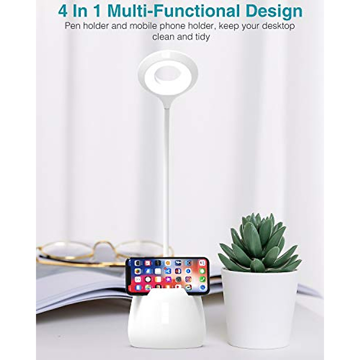 kolpop Desk Lamps for Home Office, Rechargeable Led Desk Lamp with USB Charging Port & Pen Phone Holder 3 Dimming Levels & Night Light Mode 360° Flexible Goose Neck LED Desk Light Desk Lamps for Kids