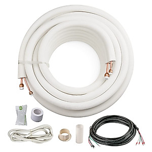 ICOOL 25 Ft. Mini Split Line Set, 1/4" & 3/8" O.D. Twin Copper Pipes, 3/8" Thickened PE Insulated Coil Copper Line for Air Conditioner HVAC Refrigeration and Heating Equipment, with Fittings