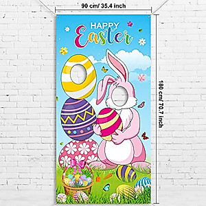 Tatuo Easter Party Decorations Easter Bunny Photo Door Banner Large Fabric Happy Easter Backdrop Photo Prop Funny Eggs Bunny Face in Hole Game for Easter Party Supplies, 6 x 3 Feet