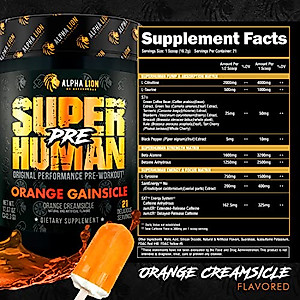 ALPHA LION Superhuman Pre Workout Powder, Beta Alanine, L-Taurine & Tri-Source Caffeine for Sustained Energy & Focus, Nitric Oxide & Citrulline for Pump (21 Servings, Orange Gainsicle)