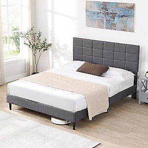 Yone jx je Platform Bed Frame with Fabric Upholstered Headboard and Mattress Foundation Wooden Slats Support, Fabric Upholstered Platform Bed Frame, No Box Spring Needed (Gray, Queen Size)