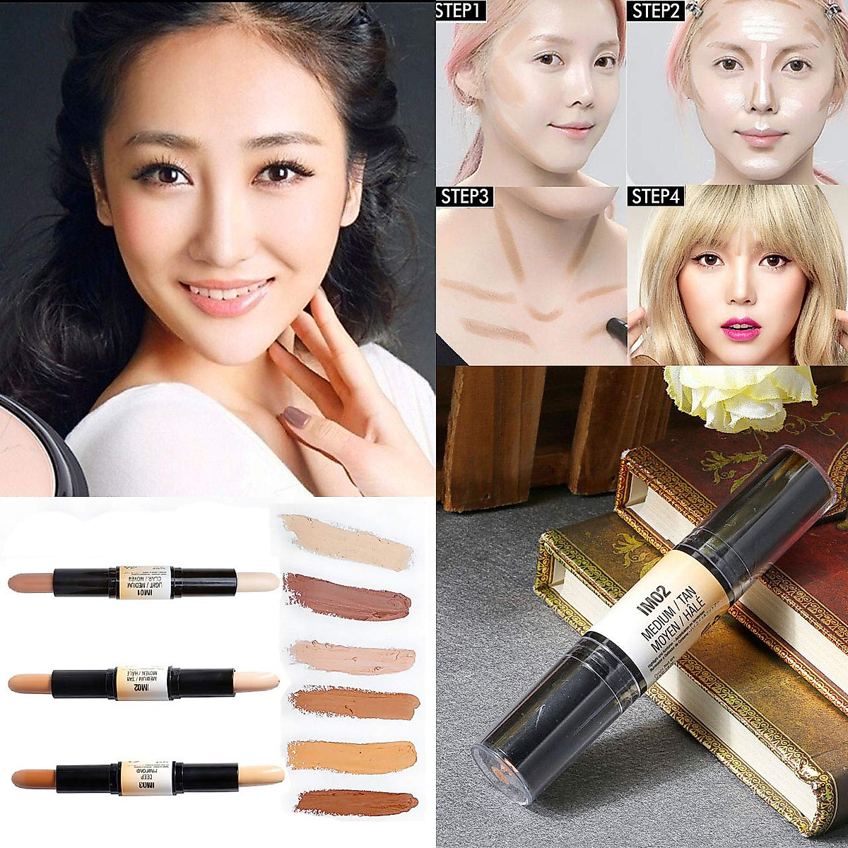 Wismee 3Pcs Dual-Ended Contour Stick, 6 Colors Contour and Highlighters Stick Brightening Concealer Contouring Pen Kit for Light Dark Skin Face Makeup Cosmetic Foundation Creamy Set for Women Girls