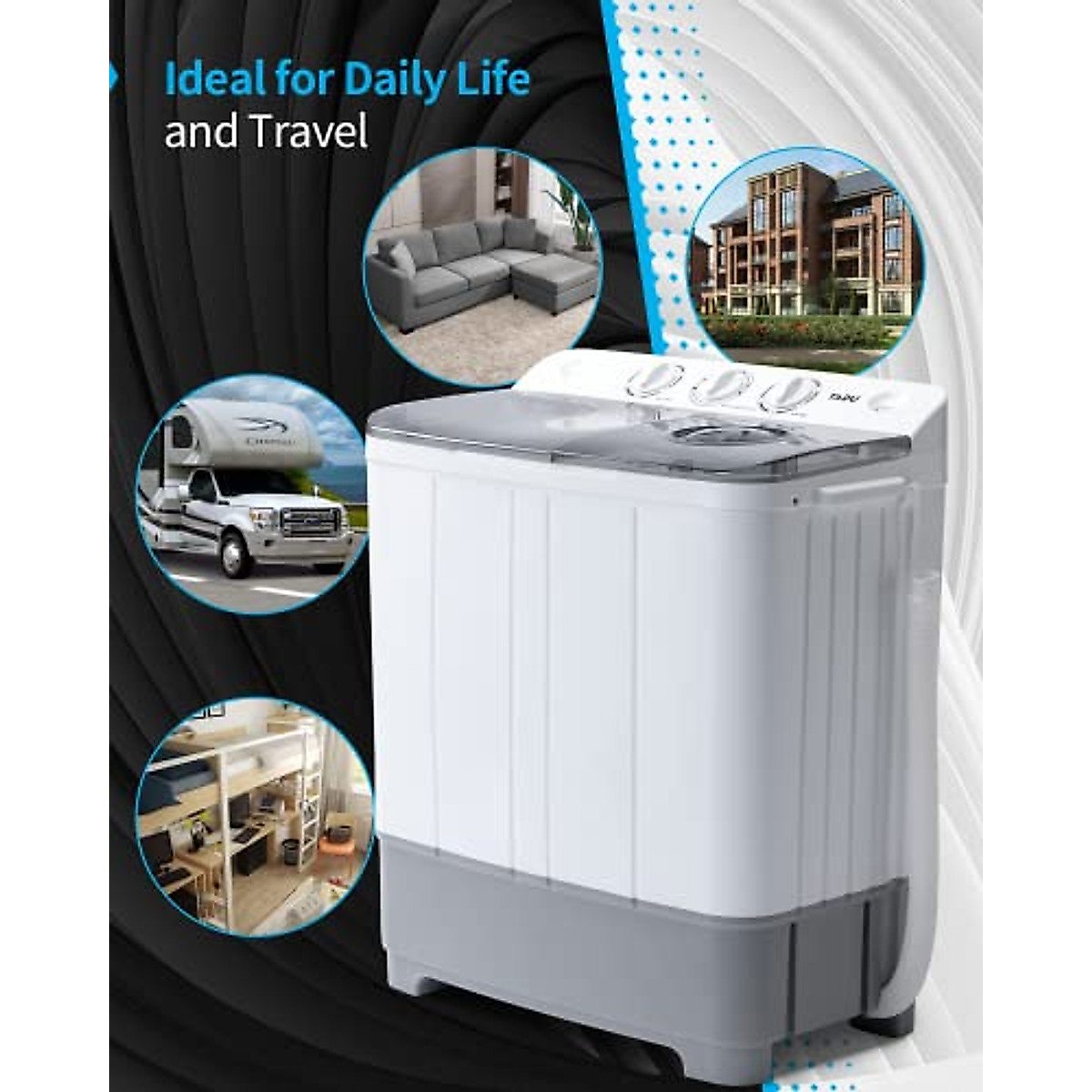 TABU 21Ibs Portable Washing Machine, Compact Washer Machine, Mini Washing Machine, Twin Tub Washer and Spiner, Ideal for Dorms, Apartments, RVs, Camping etc (White & BGrey)