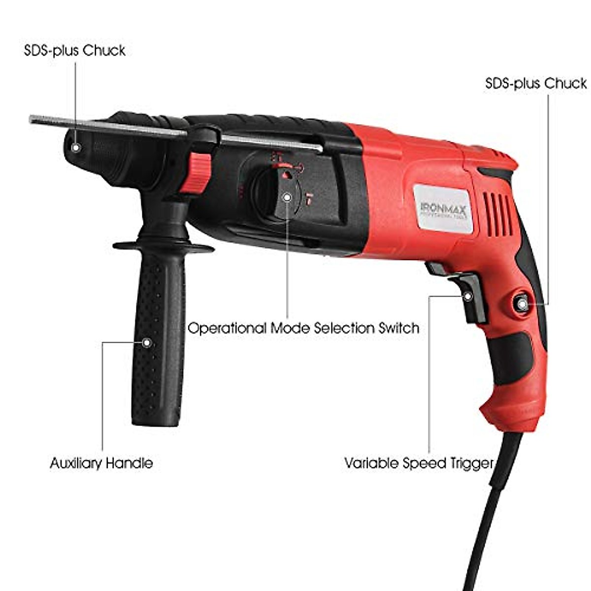 Goplus Professional Tools 1" SDS-Plus Rotary Hammer, 3 Mode in 1 Electric 9 Amp Corded Hammer Kit, with Adjustable Speed, Rotating Handle, Grease, Flat and Point Chisels, 3 Drill Bits and Case
