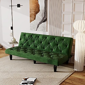 anwickjeff 66'' Velvet Convertible Futon Sofa Bed, Mid Century Small Green Couch Sleeper Loveseat with Golden Metal Legs, Modern Couches for Small Spaces,Bedroom (Green)