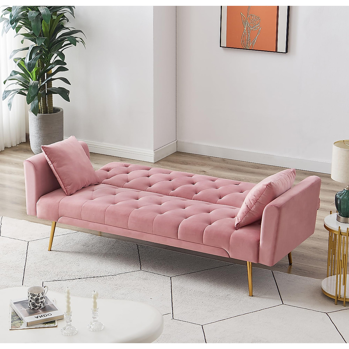 Pink Velvet Sofa Bed with 3 Adjustable Backrests, Chrome Legs - Convertible, Folding Sleeper Couch for Living Room, Office