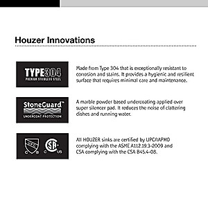 HOUZER LCR-3221-1 Kitchen Sink, 31-7/8 in. W x 31-7/8 in. D x 8 in. H, Stainless Steel