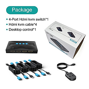 MT-VIKI KVM Switch 4 Port, HDMI KVM Switch for 4 Computers Share One HD 4K Monitor and 3 USB Devices Keyboard Mouse Printer, Including 4 KVM Cables and Wire-Desktop Controller