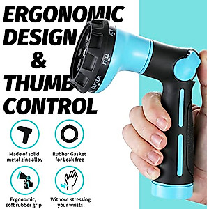 ESOW Garden Hose Nozzle 100% Heavy Duty Metal, Water Hose Sprayer with 8 Watering Patterns, Thumb Control On Off Valve, High Pressure Nozzle Sprayer for Watering Plants, Car and Pet Washing, Blue