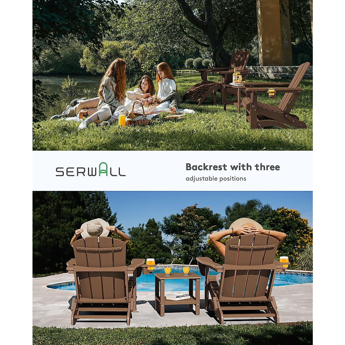 SERWALL 5-Piece Adirondack Chair and Ottoman and Table Set, Brown