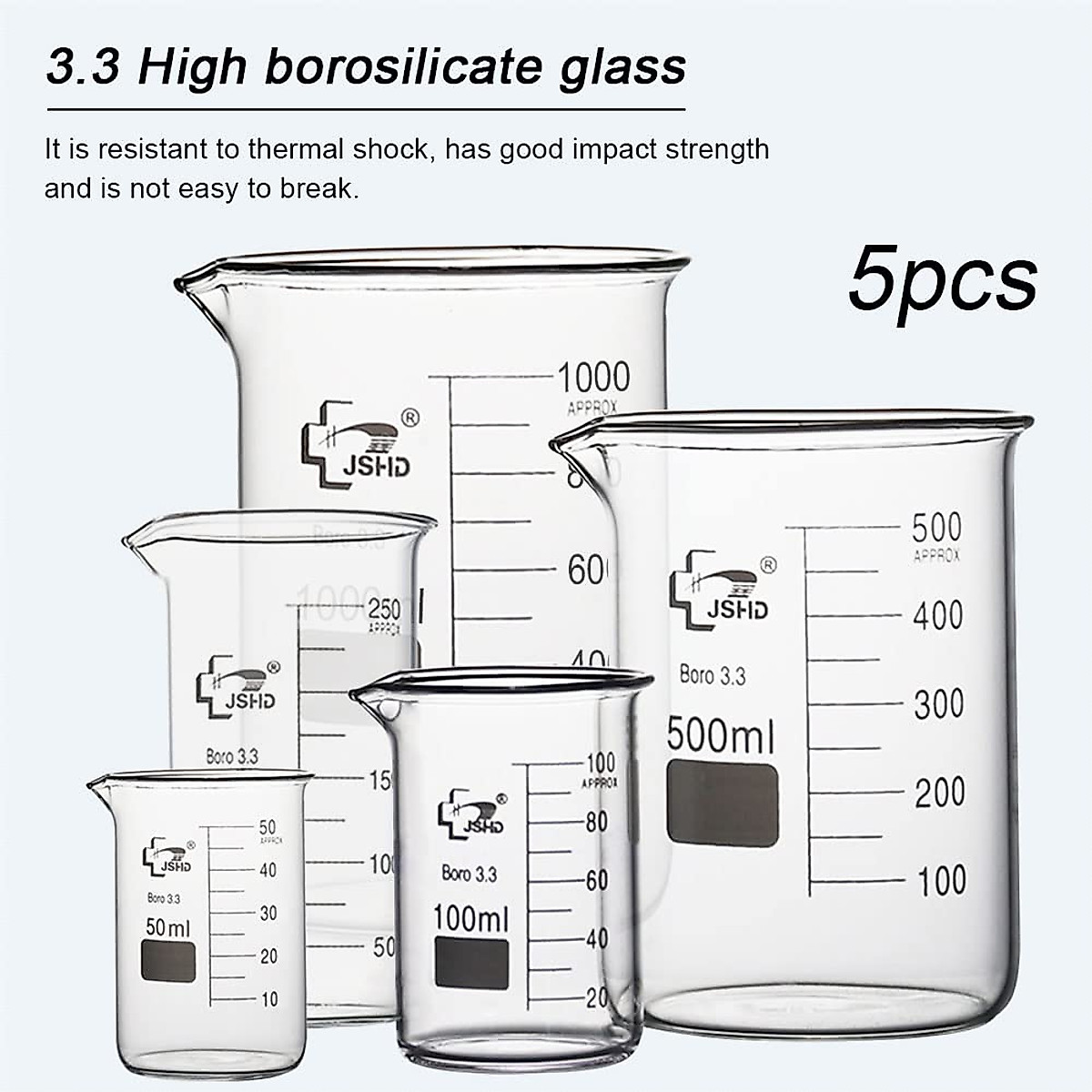 ADAMAS-BETA 5PCS Glass Measuring Beaker Set, Low Form, 50ml 100ml 250ml 500ml 1000ml Graduated Beakers, 3.3 Borosilicate Glass