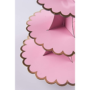 3-Tier Cardboard Cupcake Stand/Tower, Flyome Round Dessert Tree Display Holder Universal for Thanks Giving, Christmas, Weddings,Birthdays, Parties, Pink/Gold