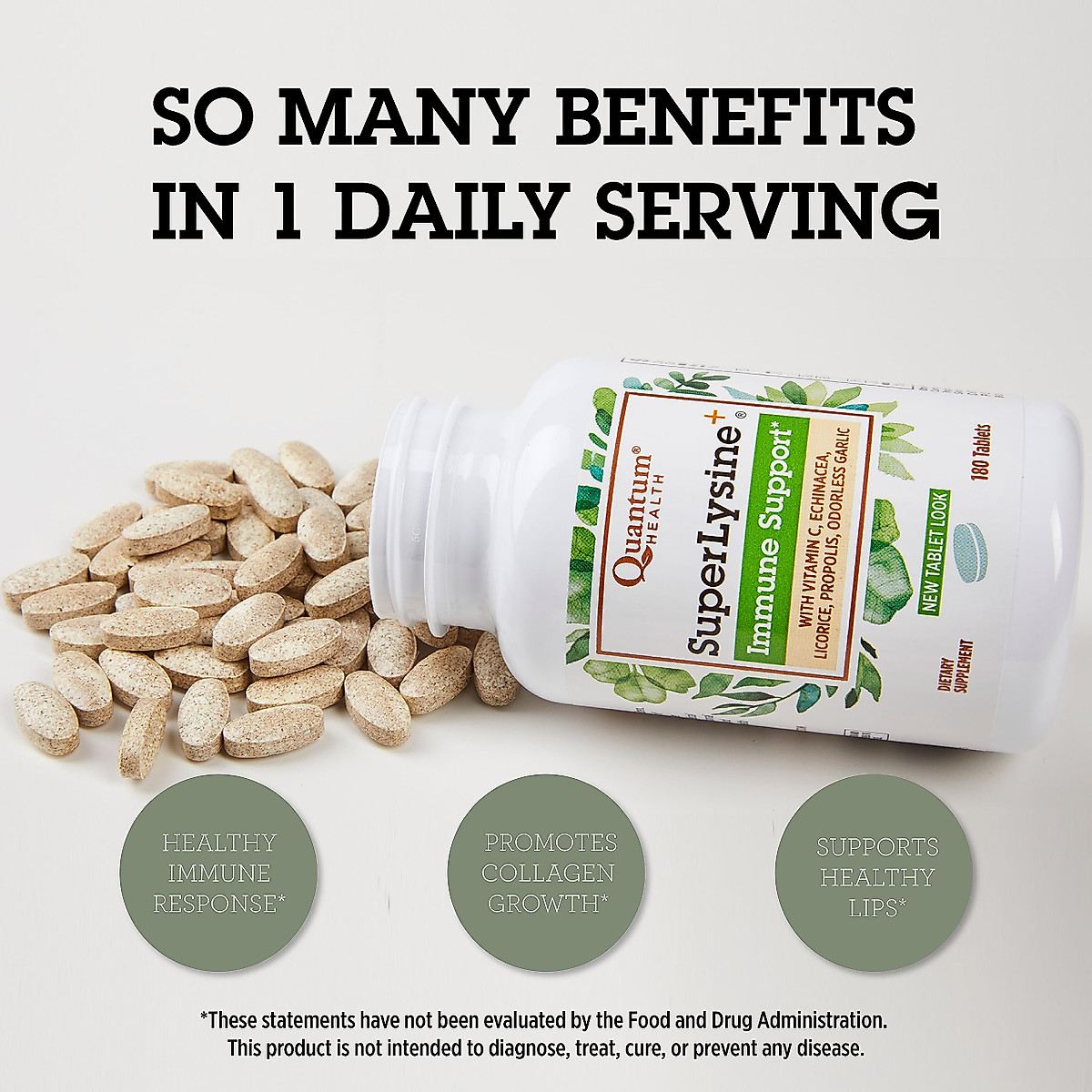 Quantum Health Super Lysine+ / Advanced Formula Lysine+ Immune Support with Vitamin C, Echinacea, Licorice, Propolis, Odorless Garlic (180 Tablets), Packaging may vary