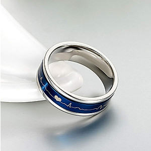 HIJONES Unisex 7MM Love ECG Heartbeat Spinner Ring Stainless Steel Wedding Promise Band Blue Size 8