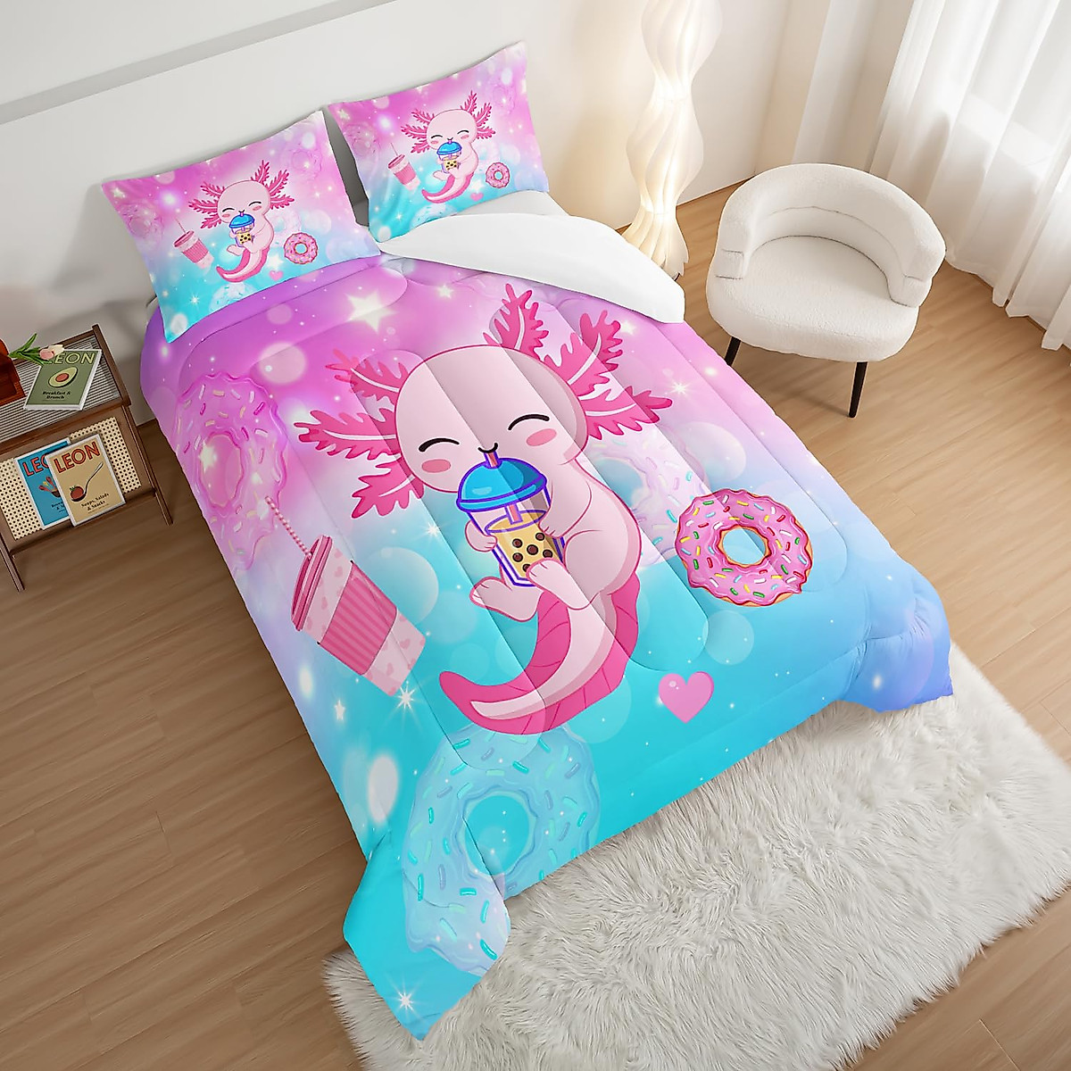 HOSIMA Axolotl Twin Comforter Set Cute Animal Bedding Room Decor for Teen Girls Dessert Milk Tea Donut Bed Princess Toddler Bedding Set Fantasy Blue Purple Twin Bed in a Bag Sets for Adults Teens.