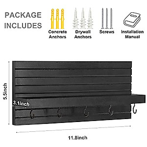 Decorative Key Holder for Wall with Shelf, Entryway Shelf with Hooks Holds Leashes, Jackets and Glasses – Sturdy Wood Keyholder Entrance Hanger with Mounting Hardware (11.8” x 5.5” x 3.1”) (Black)