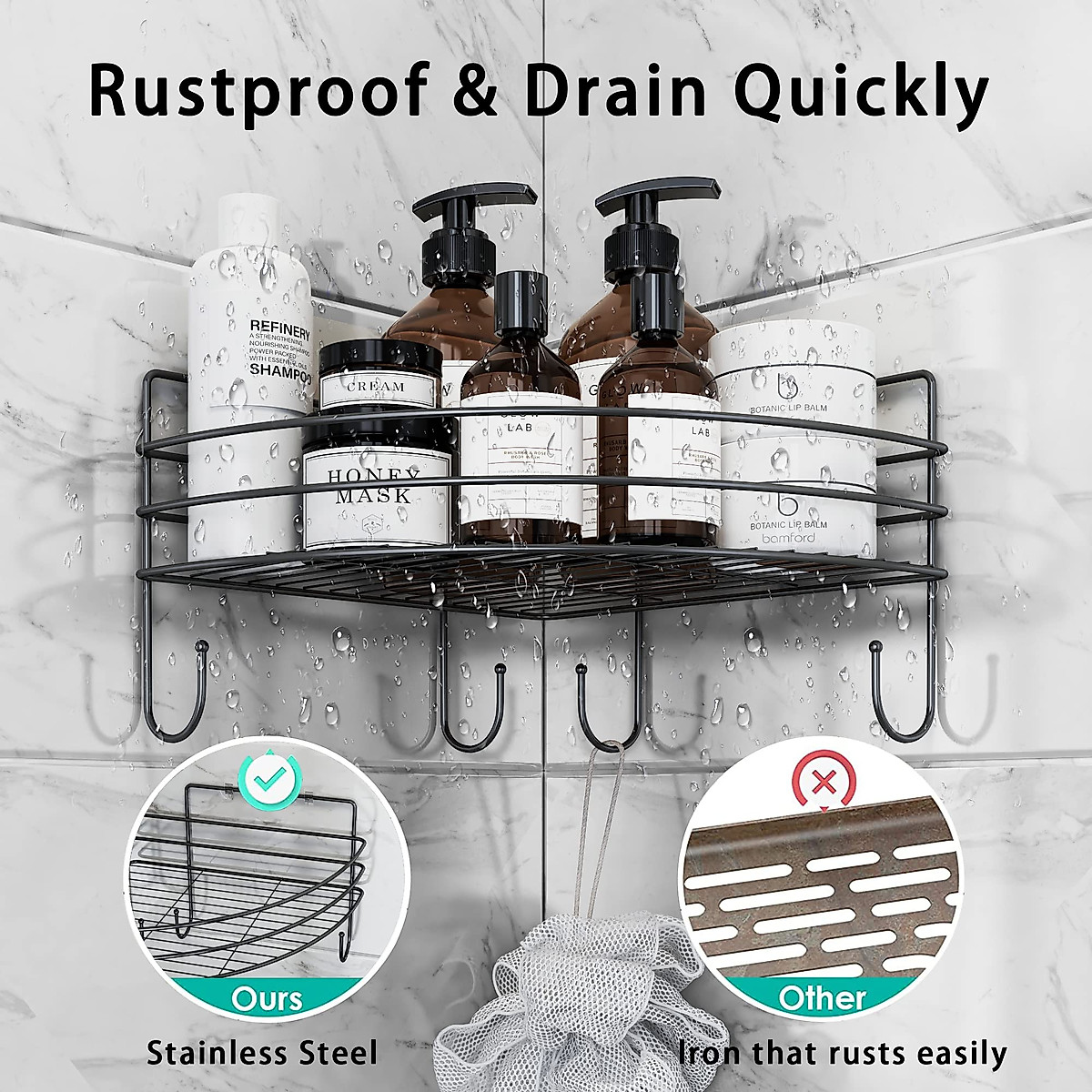 Corner Shower Shelves with 4 Hooks, 2-Tier Stainless Steel Bathroom Shower Organizers, Wall Mounted Caddy Shelves No Drilling with Adhesive, Triangle Storage Shelf for Toilet, Dorm and Kitchen, Black