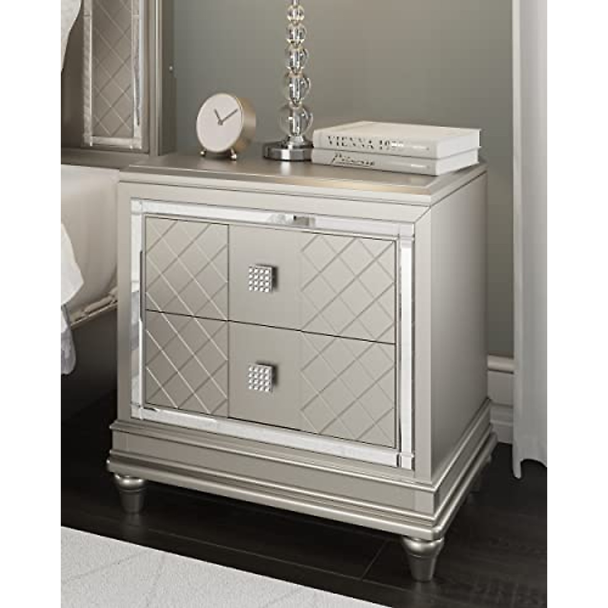 Signature Design by Ashley Chevanna Glam Embossed Diamond-Patterned 2 Drawer Night Stand with USB Charging Ports, Chrome