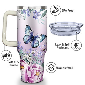 Thmasamwr Butterfly Tumbler With Lid, Straw and Handle - 40oz Stainless Steel Travel Coffee Mug Water Bottle - Gift Cup for Women and Girls