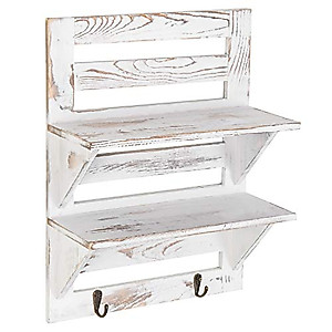 MyGift 2-Tier Whitewashed Wood Wall Mounted Shelf Rack with Key Hooks, Entryway Storage Display Shelves, Bathroom Shelving and Towel Hooks, 7 x 13-Inches