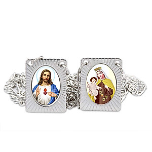 Scapulars Catholic I Sacred Heart of Jesus & Our Lady of Mount Carmel Medals I Stainless Steel Scapular Necklace for Women & Men - 14 Inch I Catholic Religious Necklace - Colored Icons