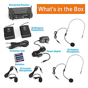Pyle 2 Channel Wireless Microphone System - Portable UHF Digital Audio Mic Set with 2 Headset, 2 Lavalier lapel, 2 Transmitter, ¼’’ cable, power adapter - For Karaoke, PA, DJ, - PDWM3400,Black