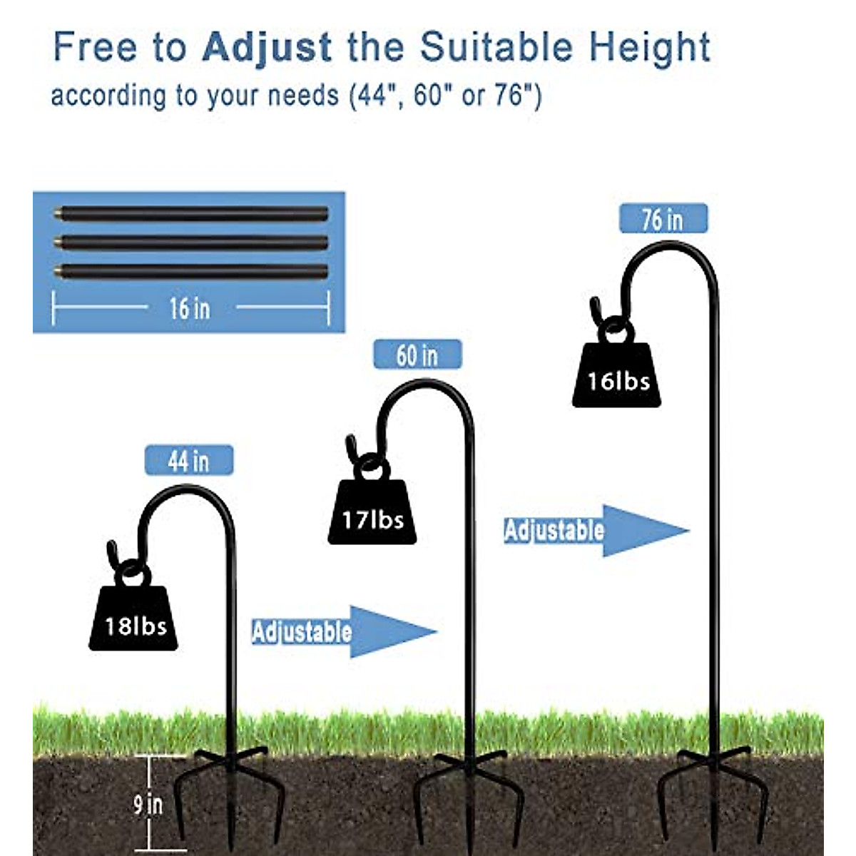 Artigarden 76 inch Outdoor Shepherd Hook with 5 Prong Base (2 Packs), Adjustable Heavy Duty Garden Hanging Stake for Bird Feeder Solar Light Plant Hanger Wedding Decor, Matte Black