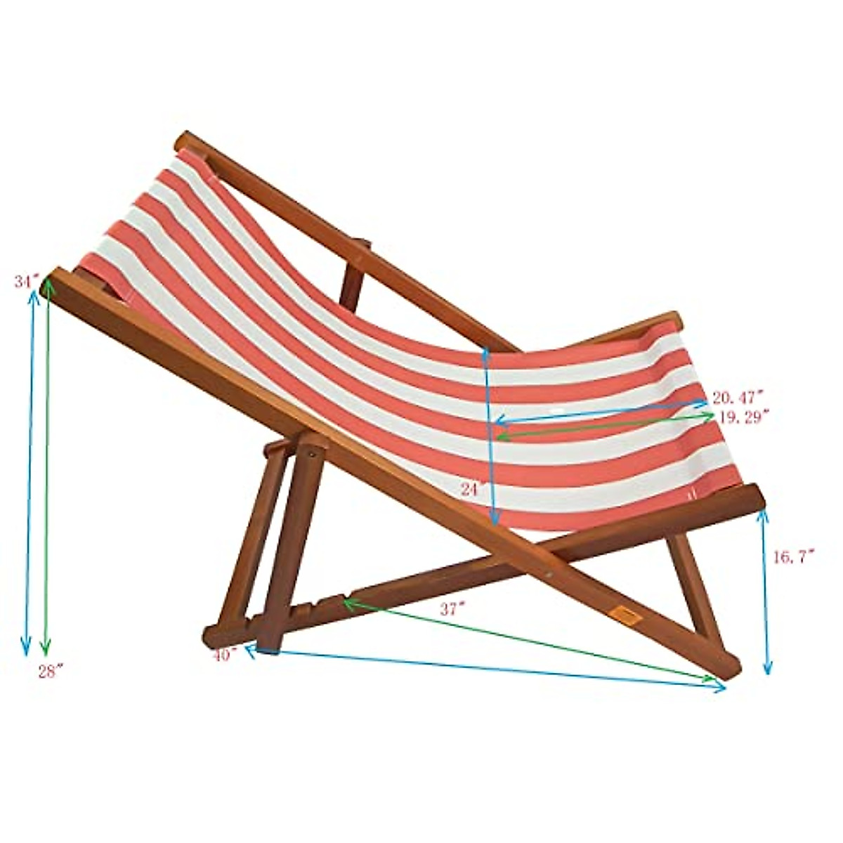 MONSTRUNO Beach Chair Wood Sling Red Stripe Patio Chair, Recliner Camping Chairs, Folding Lounge Chair, Adjustable Backrest, 220 Lbs Weight Capacity