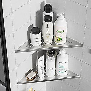 Qeke Corner Shower Shelves, 10” Recessed Tile Shower Shelf Brushed Nickel, 304 Stainless Steel Grout in Corner Tile Shower Shelves, No Drilling, 2 Pack