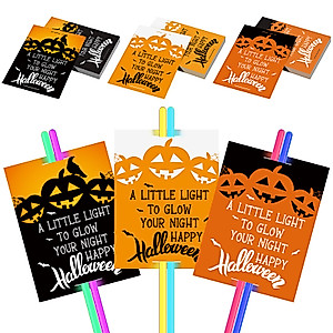 Fumete 120 Pcs Halloween Glow Sticks Cards Bulk Glow in the Dark Party Supplies Halloween Night Cards Gift Pumpkin Tags for Glow Sticks Decoration Men Women, Cards Only, 3 Styles