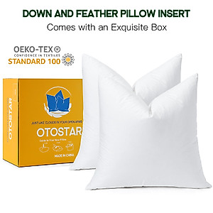 OTOSTAR Pack of 2 Down and Feather Throw Pillow Inserts, 28 x 28 Soft Fluffy Square Pillow Inserts with 100% Cotton Cover Decorative Pillows for Sofa Couch Bed-White