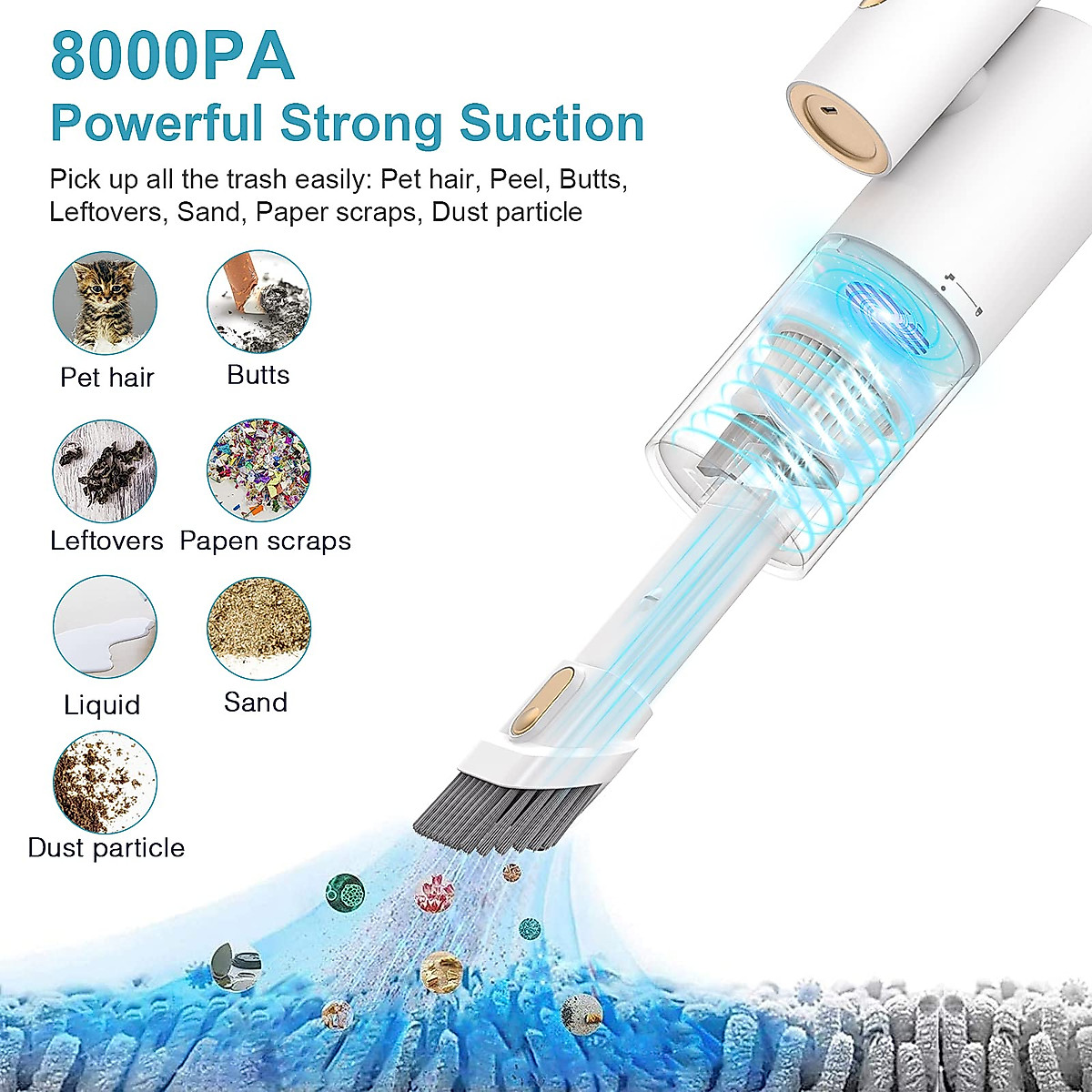 Handheld Vacuum, Mini Vacuum, Hand Vacuum Dust Buster with 8000Pa Strong Suction, 150W High Power, USB Rechargeable 270-Degree Rotatable Cordless Portable Vacuum for Home Office and Car